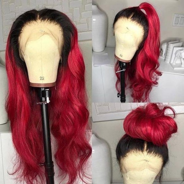Magic Love Human Virgin Hair Ombre1b Red Pre Plucked Lace Front Wig And