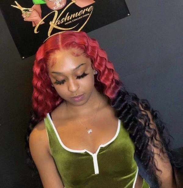 Magic Love Human Virgin Hair Ombre Red Blue Pre Plucked Lace Front Wig