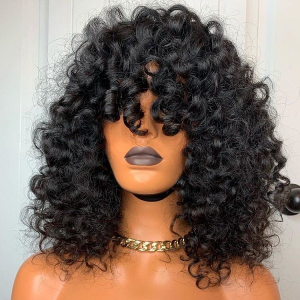 Magic Love Human Virgin Hair Natural Curl With Bangs Pre Plucked Lace